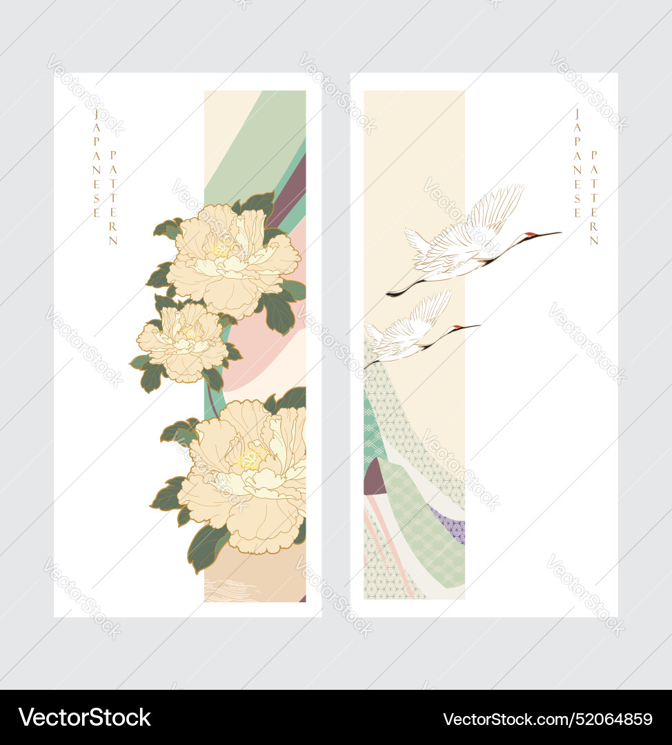 Japanese background with crane birds with peony Vector Image