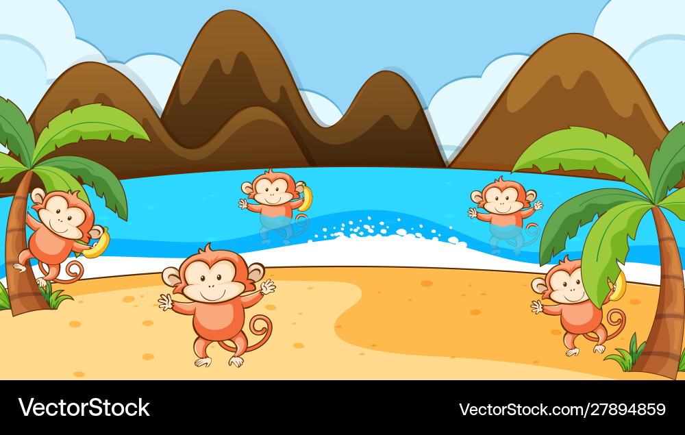 Scene with monkey playing on beach Royalty Free Vector Image