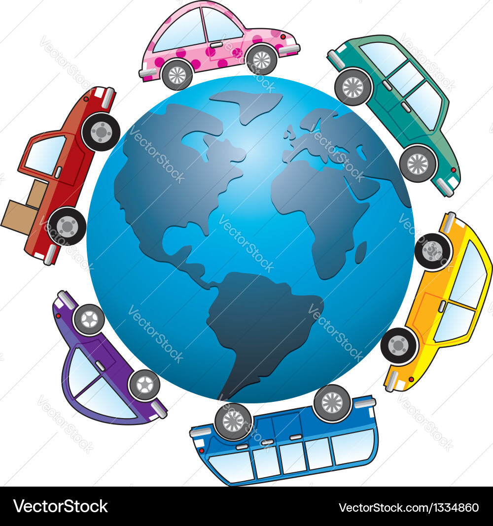 Cars around earth globe Royalty Free Vector Image