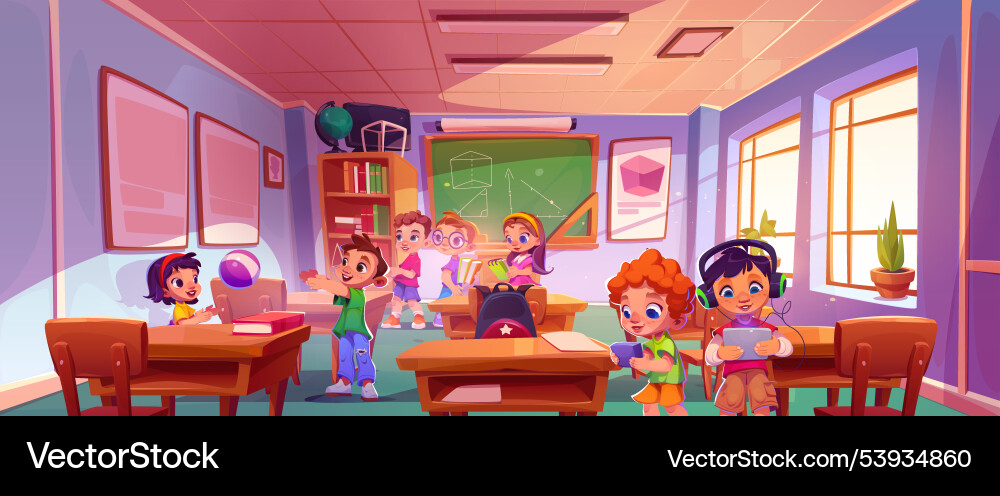 Children playing and talking in school classroom Vector Image