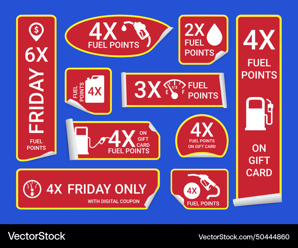 Fuel points reward peel off red stickers set Vector Image