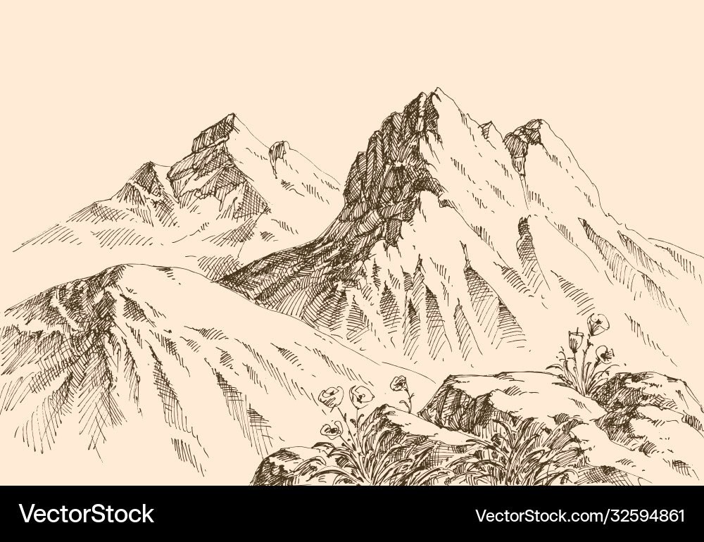Mountains ranges hand drawing alpine landscape Vector Image