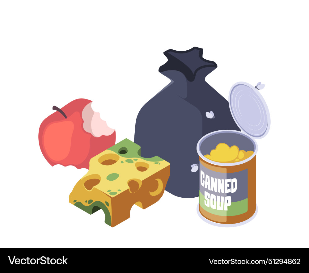 Bitten apple cheese garbage bag and an open Vector Image