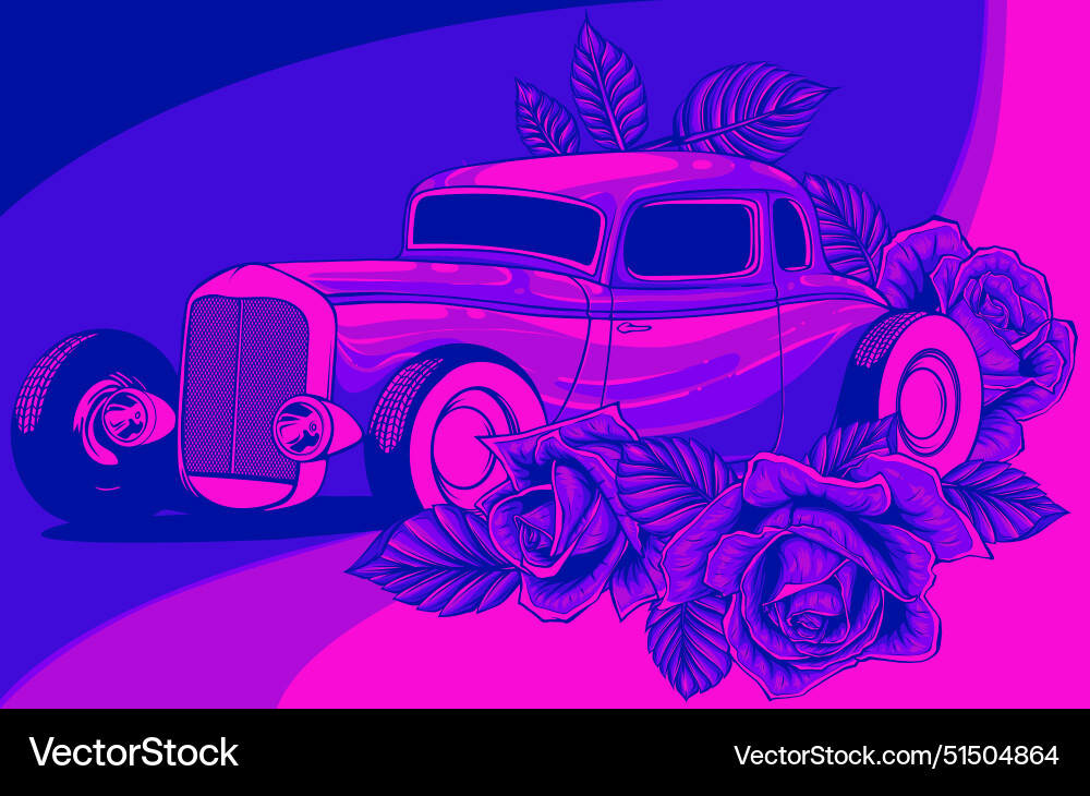 Hot rod car with roses Royalty Free Vector Image