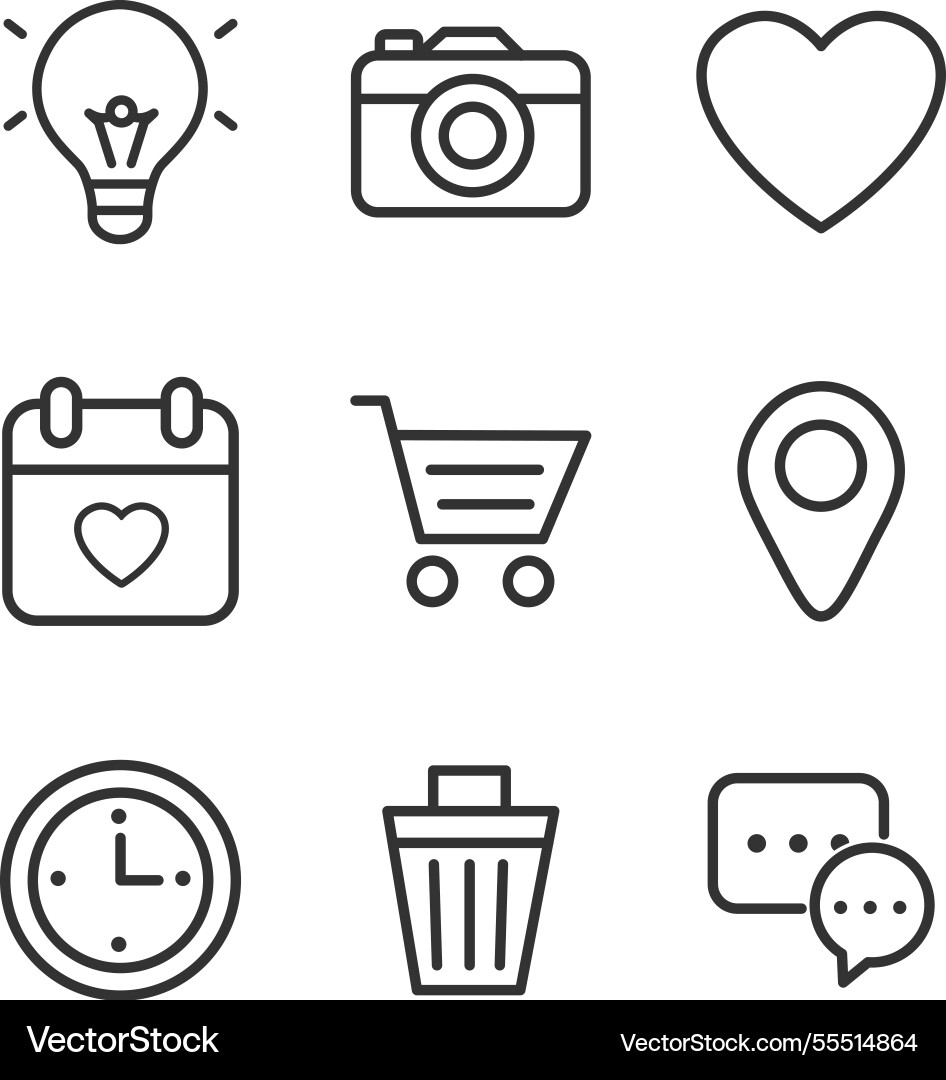 Outline icon set lightbulb camera heart calendar Vector Image