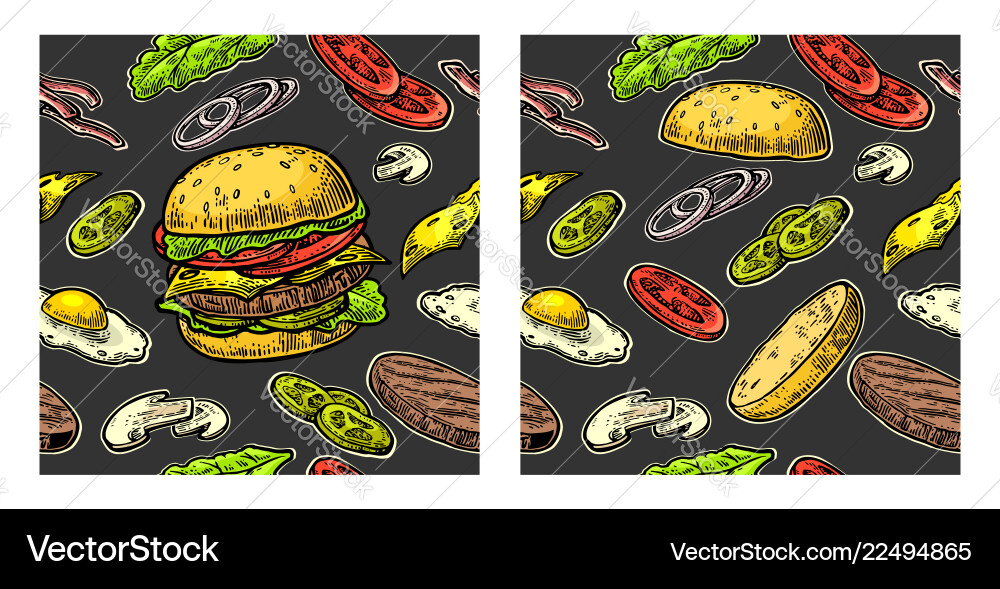 Seamless pattern burger and ingredients include Vector Image