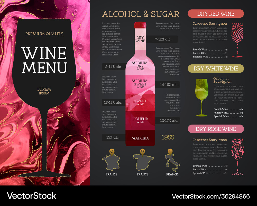 Wine menu design with alcohol ink texture Vector Image