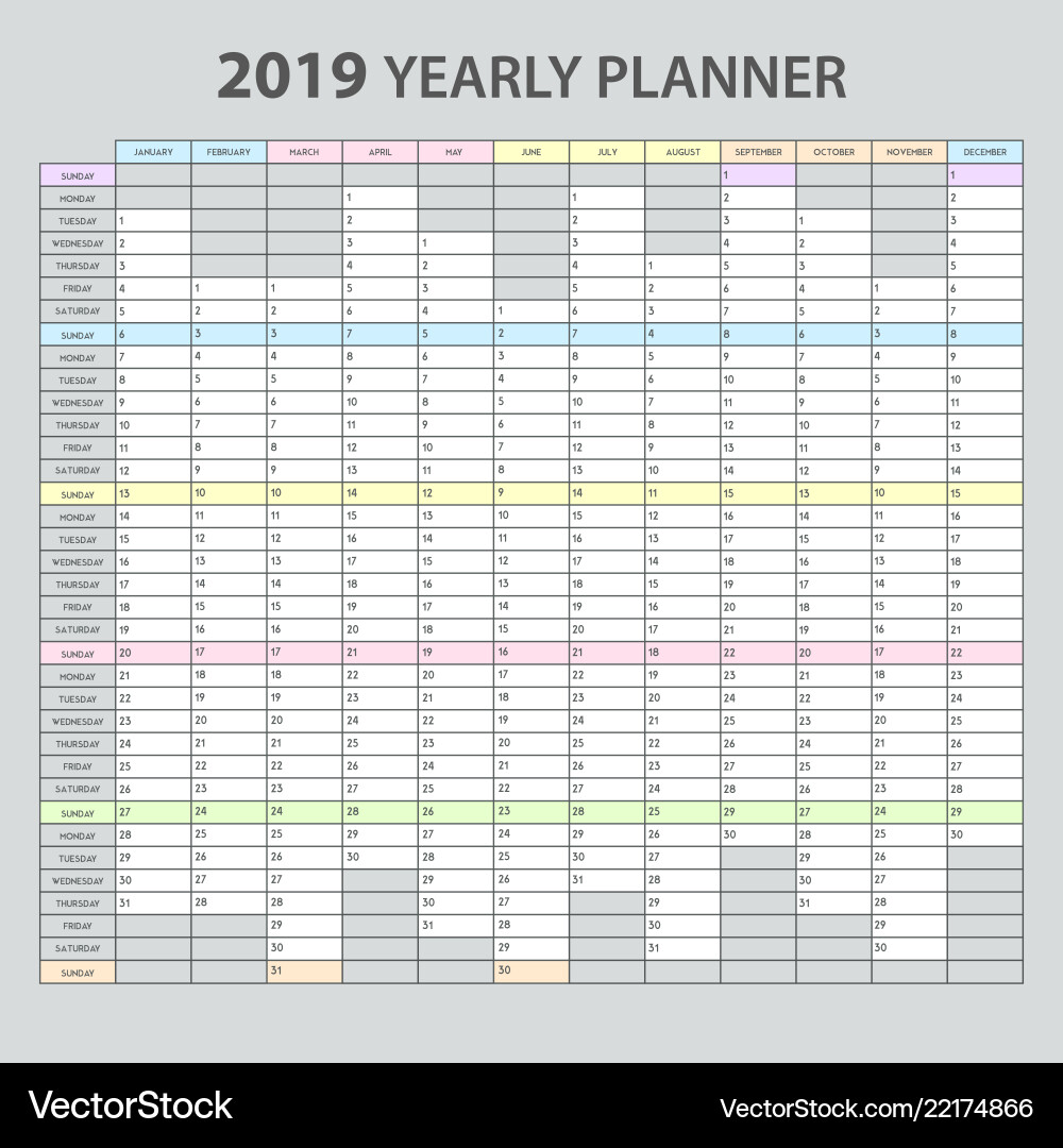 Yearly planner 2019 Royalty Free Vector Image - VectorStock