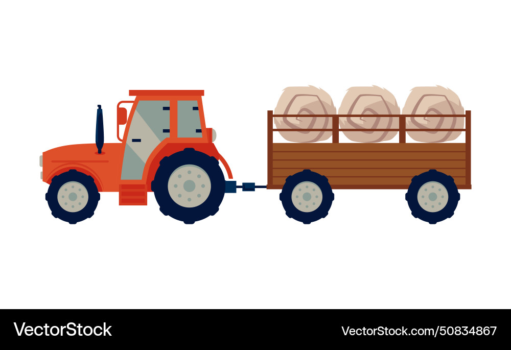 Cartoon red tractor with trailer filled hay Vector Image