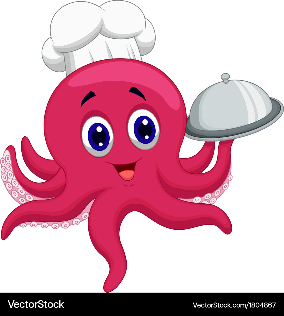 Octopus chef cartoon holding platters Royalty Free Vector