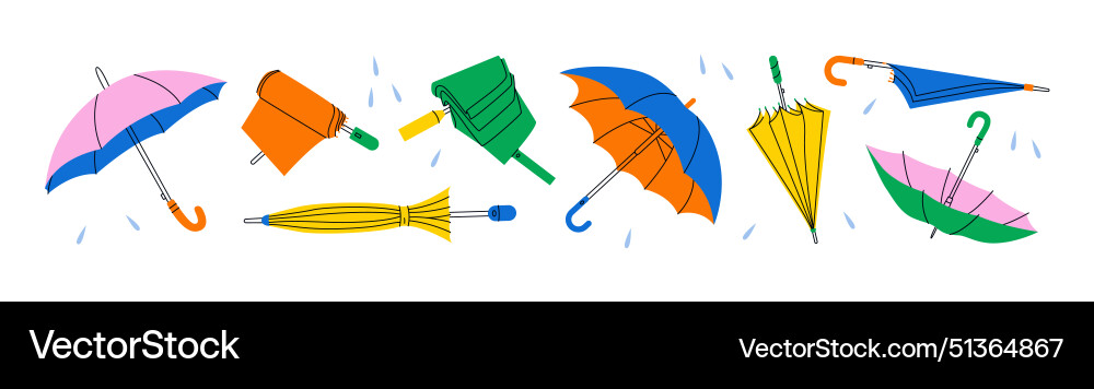 Open closed and folded umbrellas cartoon rainy Vector Image