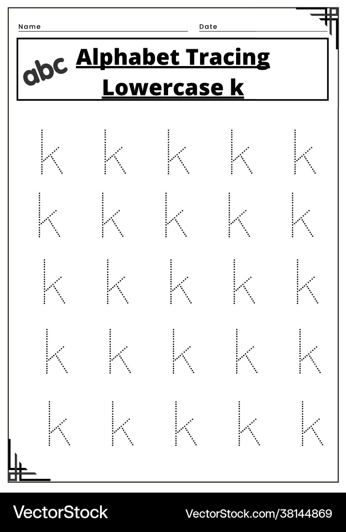 Alphabet tracing lower case k worksheet Royalty Free Vector
