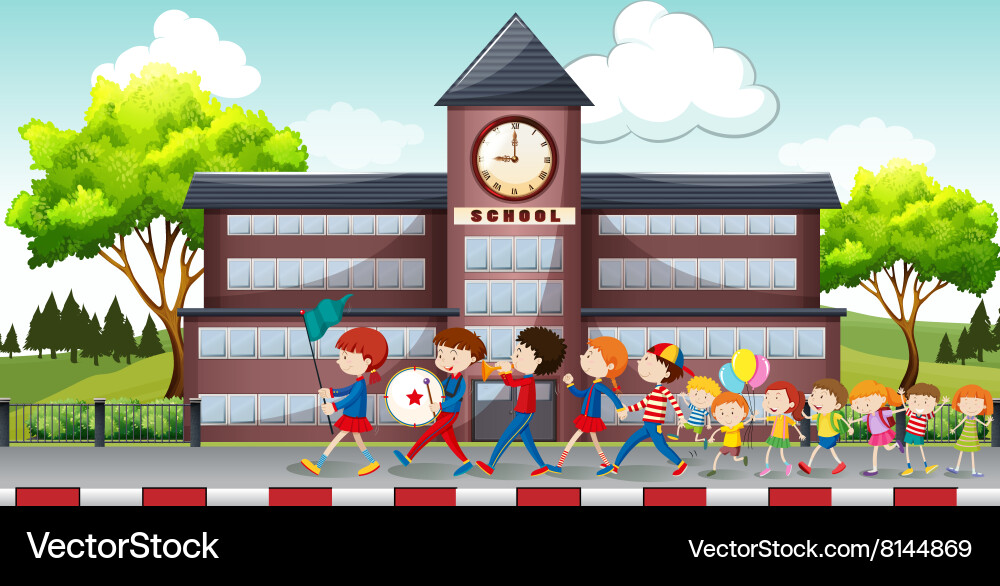 Children marching in front of school Royalty Free Vector
