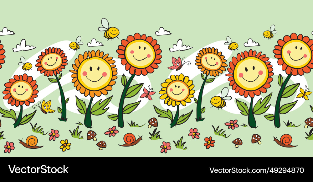 Cheerful Floral Border - Flowers & Bees Vector Image