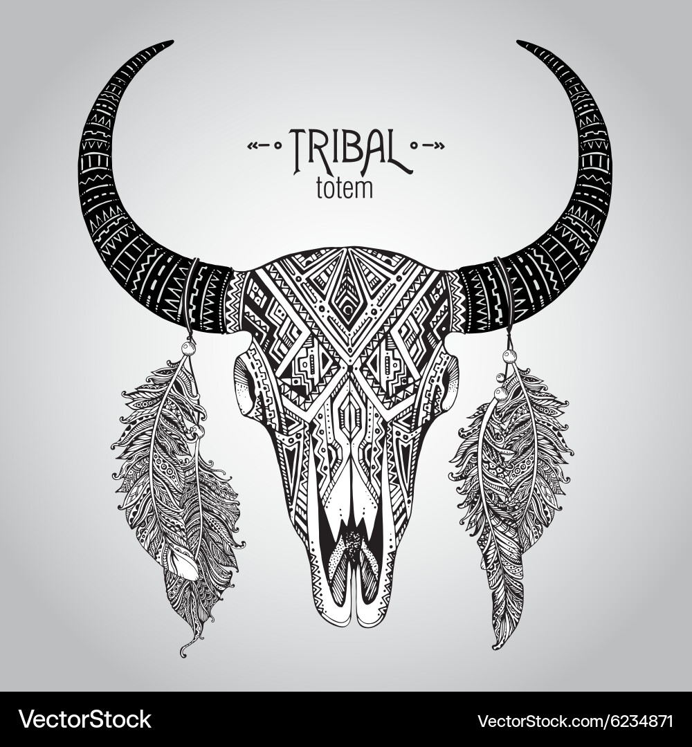 Hand drawn of bull skull with feathers Royalty Free Vector