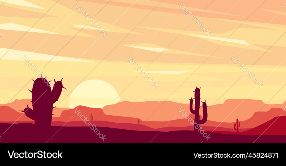 Red desert landscape with cactuses at sunset Vector Image