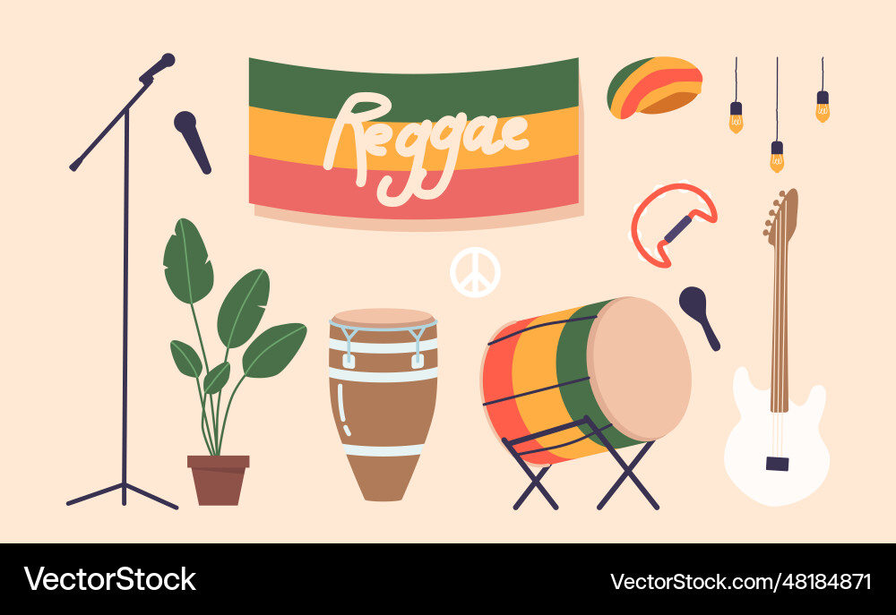 Reggae music elements set flag microphone Vector Image