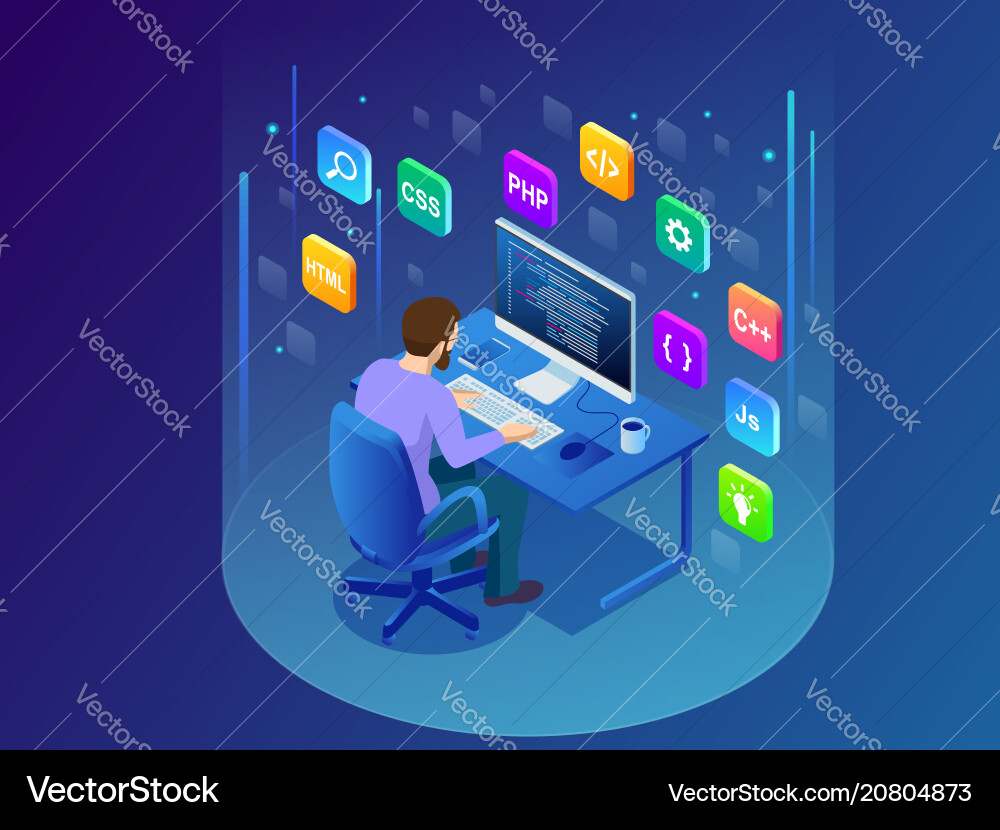 Isometric developing programming and coding Vector Image