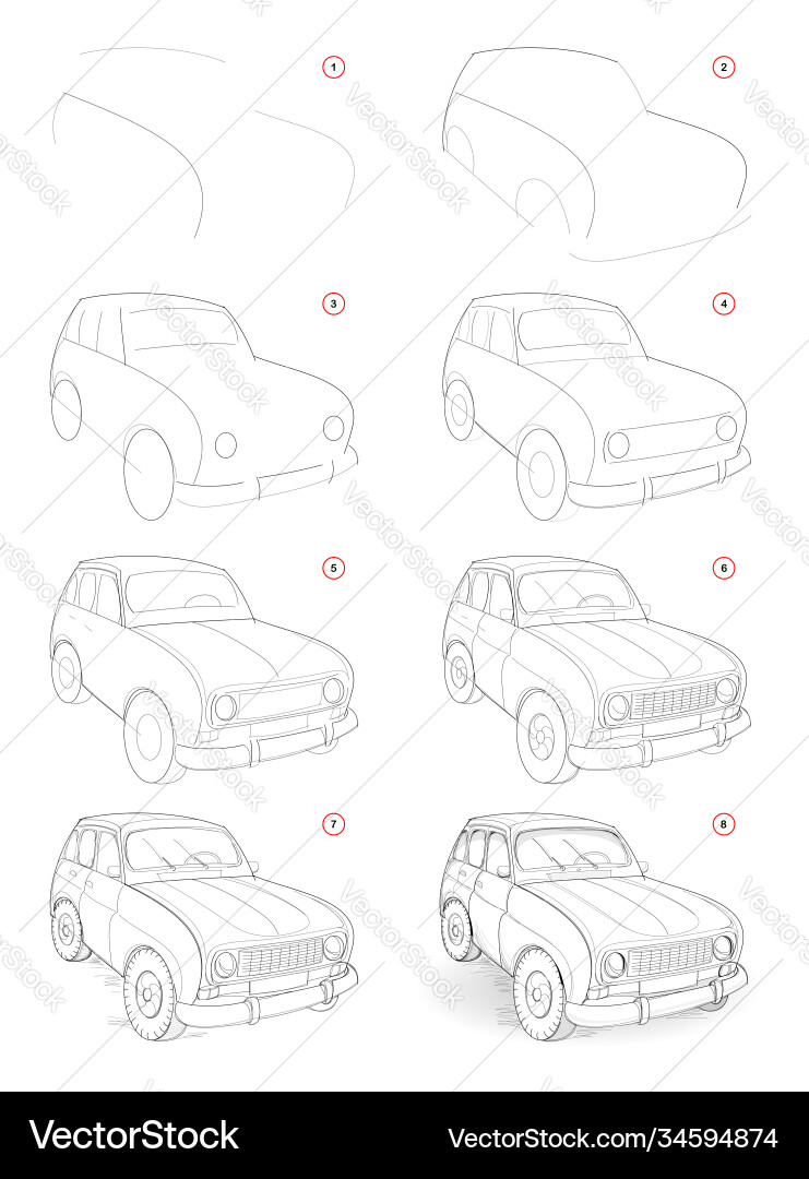Cute Car Drawing Tutorial - Step by Step Vector Image