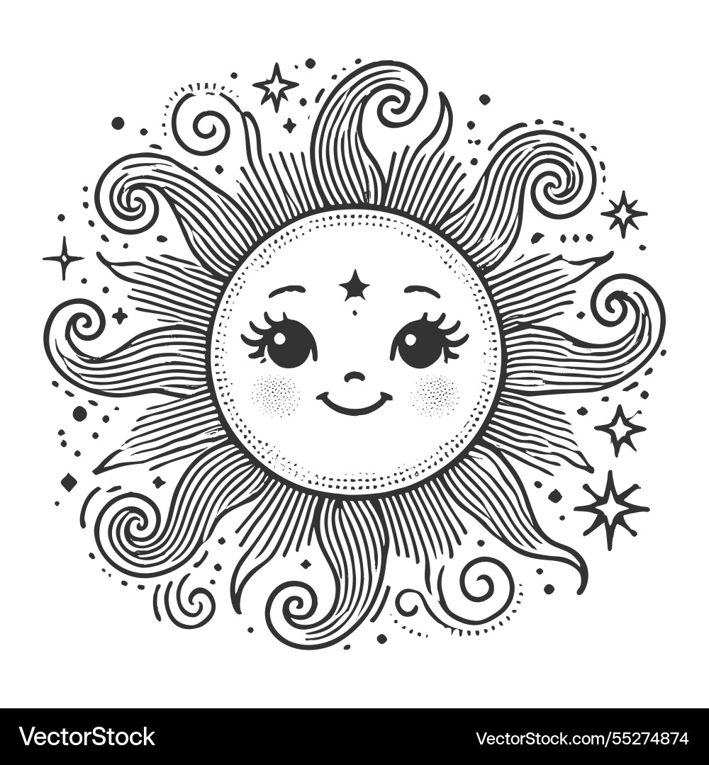 Cute whimsical sun with smiling face Royalty Free Vector