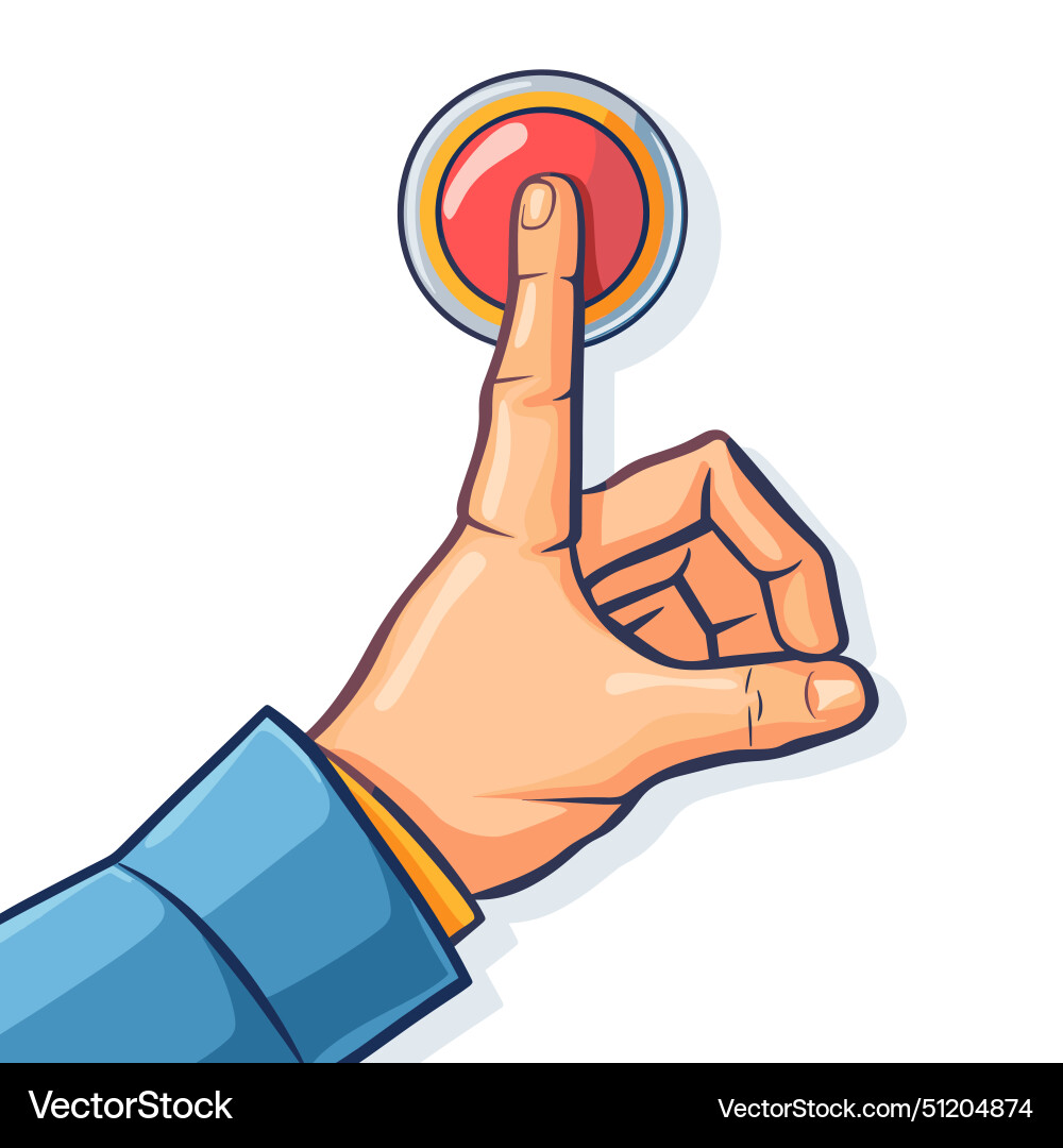 Hand pressing red button cartoon style graphic Vector Image