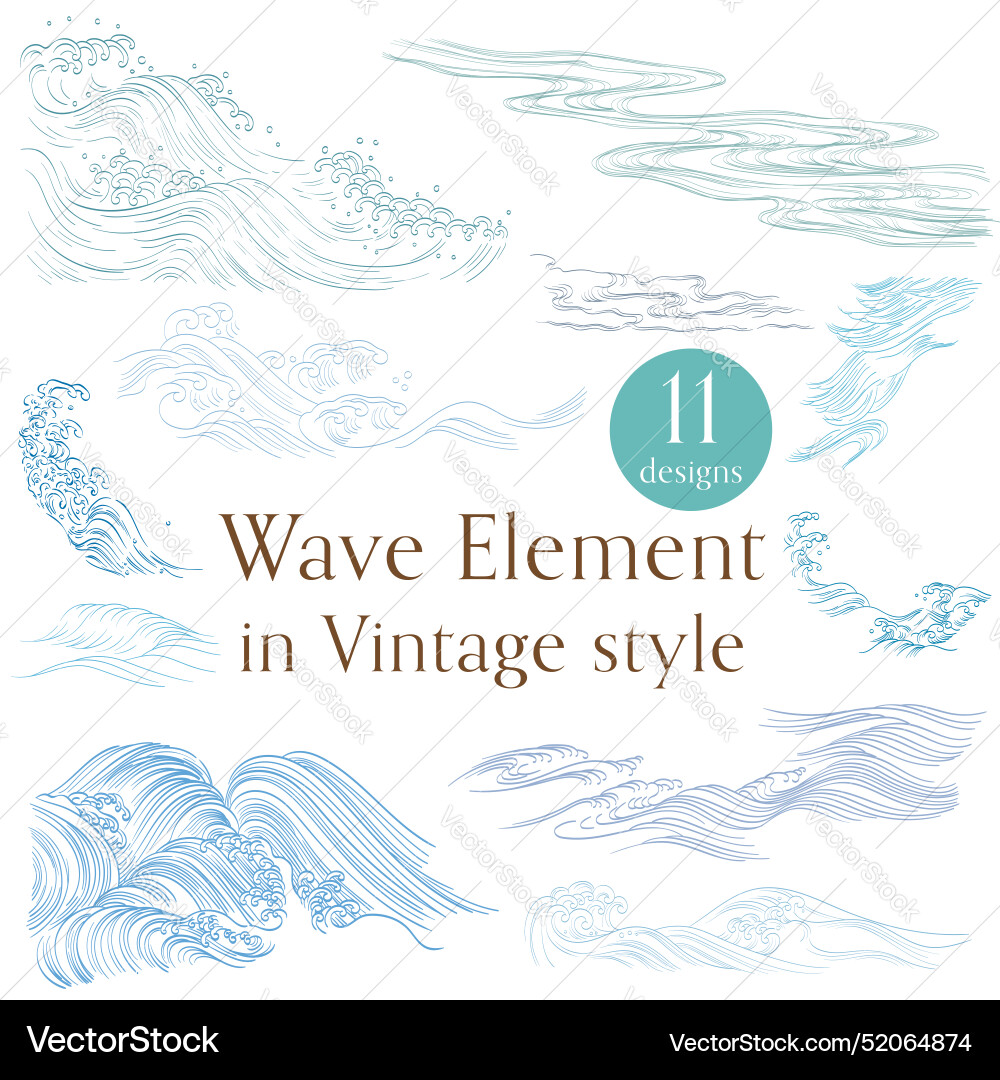 Set of blue hand drawn wave elements natural art Vector Image