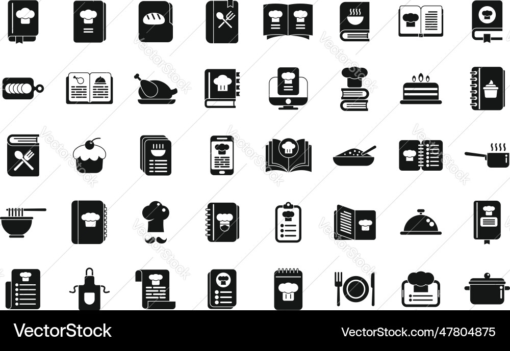 Recipe book icons set simple cooking Royalty Free Vector