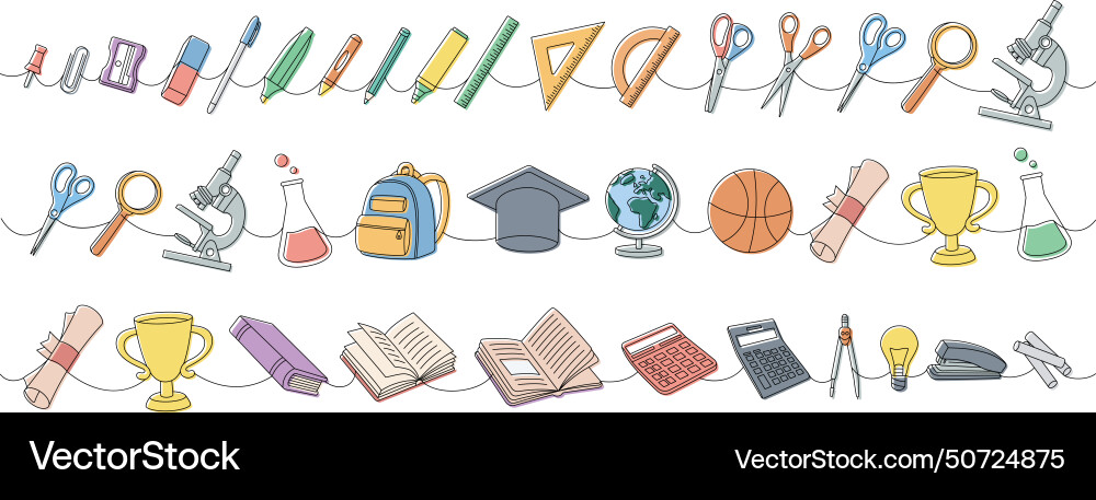 School accessories one line colored continuous Vector Image