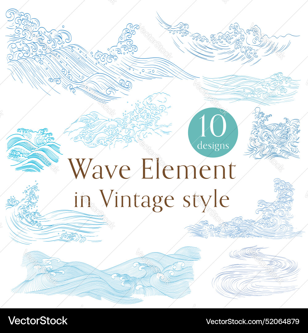 Set of blue hand drawn wave elements natural art Vector Image