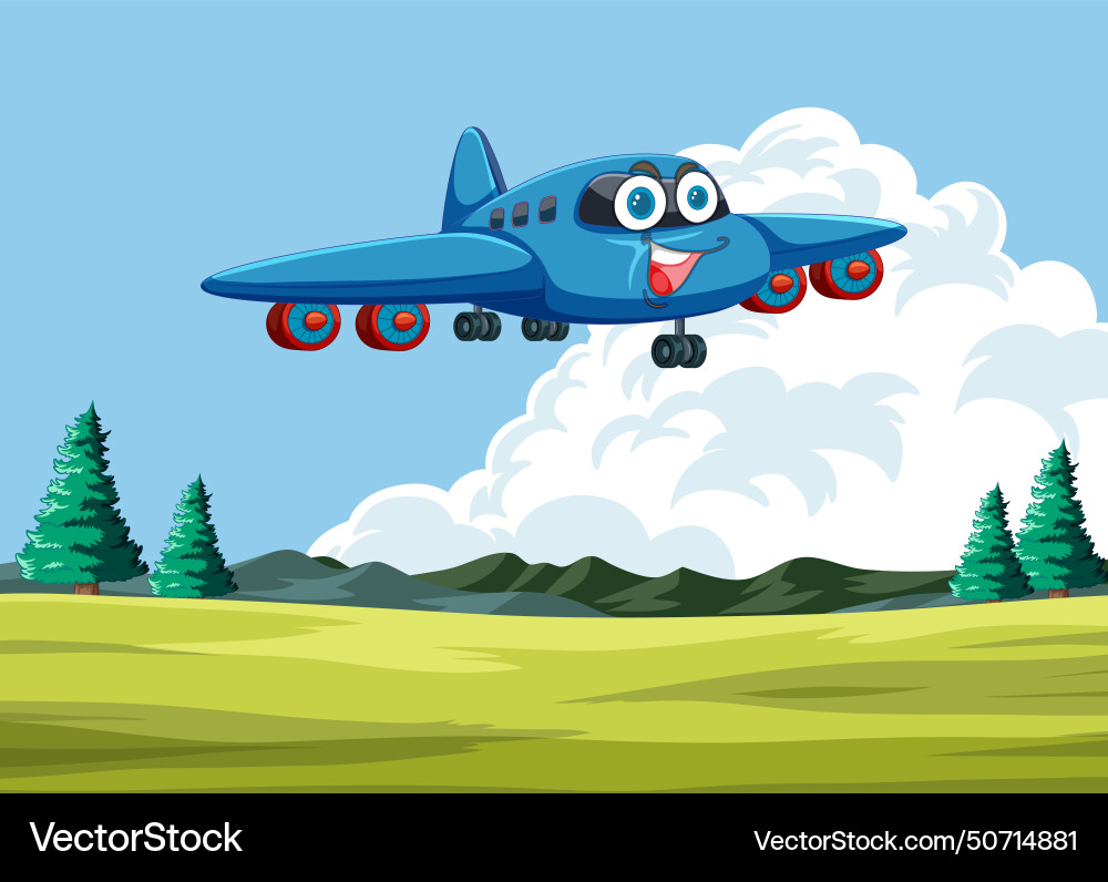 Animated airplane with a face flying over green Vector Image