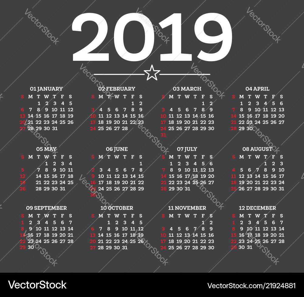Calendar 2019 isolated on dark background week Vector Image