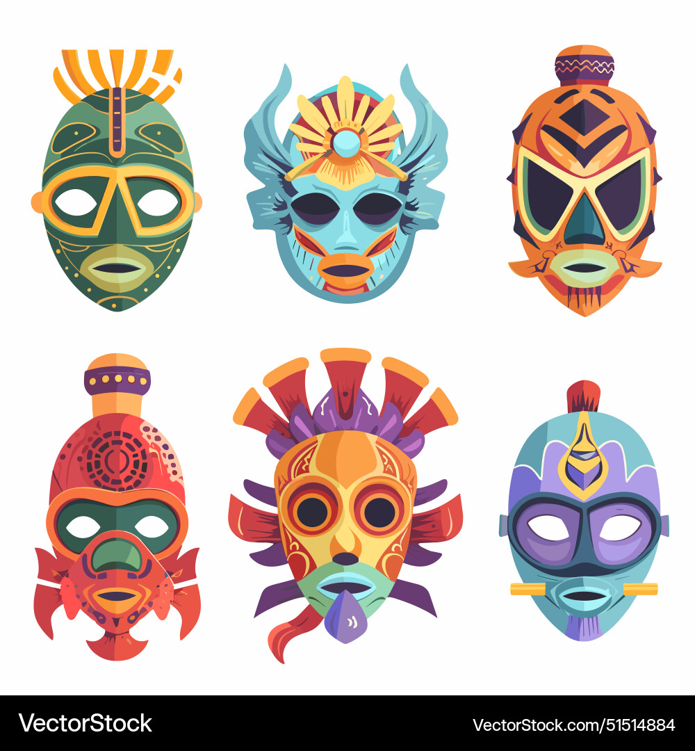 Collection tribal masks various designs colors Vector Image