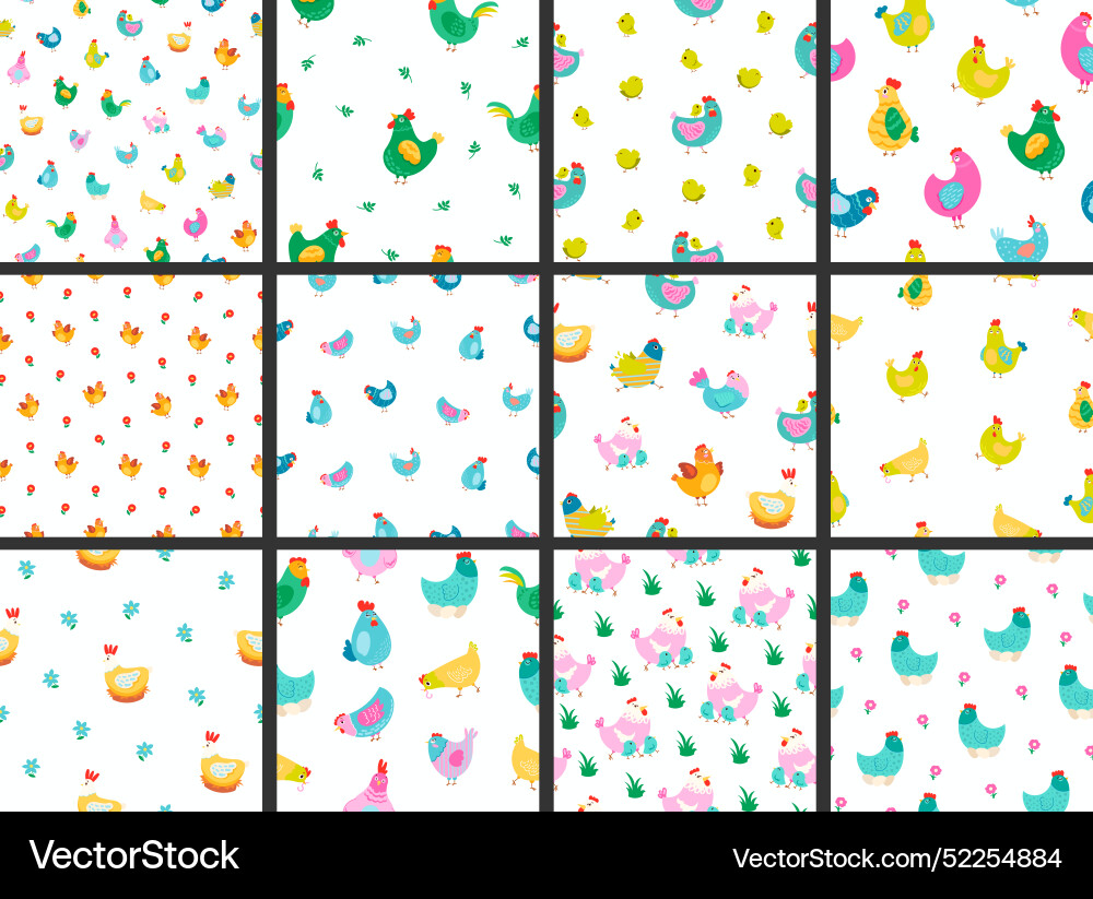 Hen rooster and chick seamless pattern cute Vector Image