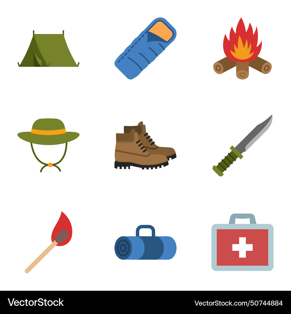 Set of camping recreation gear equipment element Vector Image