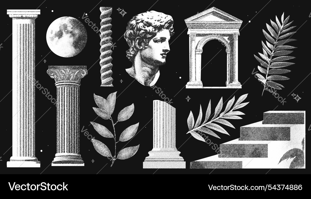 Collage halftone set with greek sculpture Vector Image