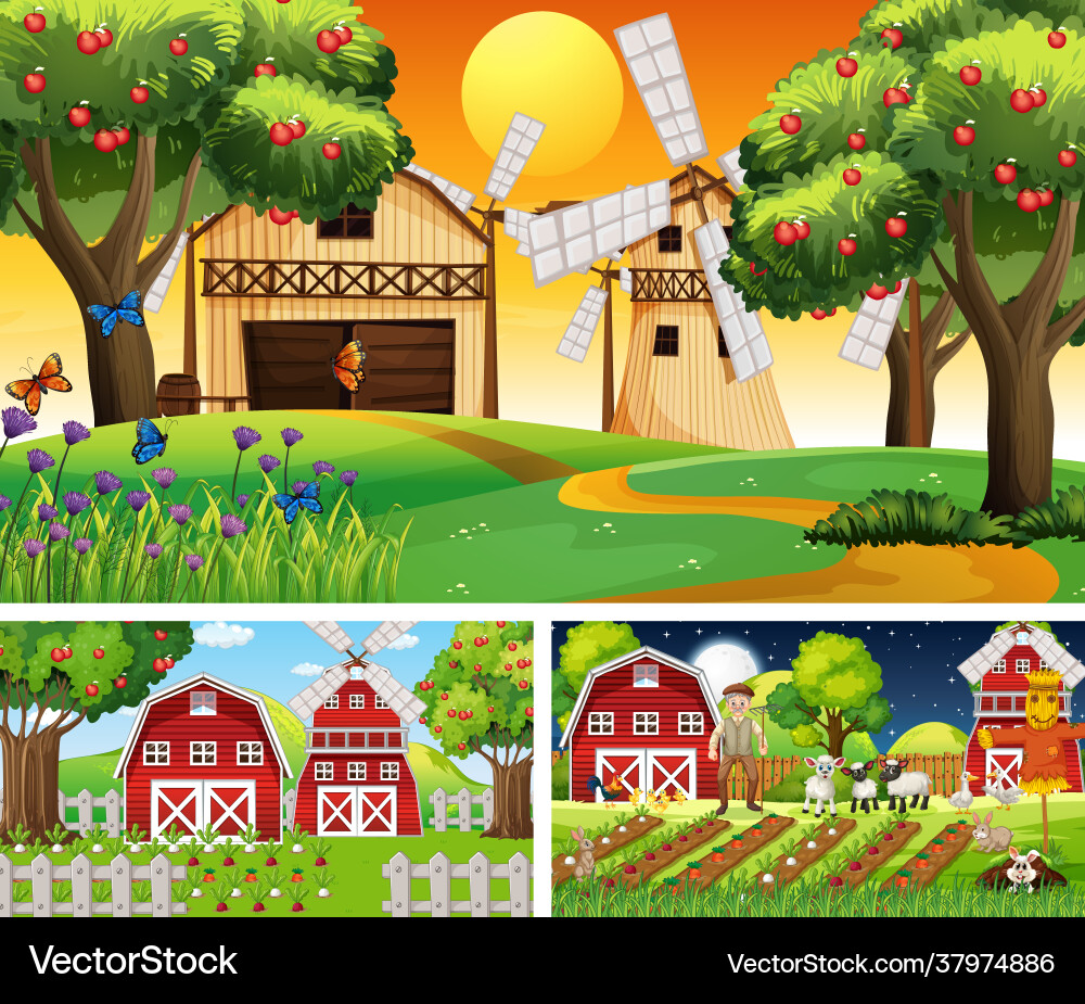 Different farm scenes with animals cartoon Vector Image