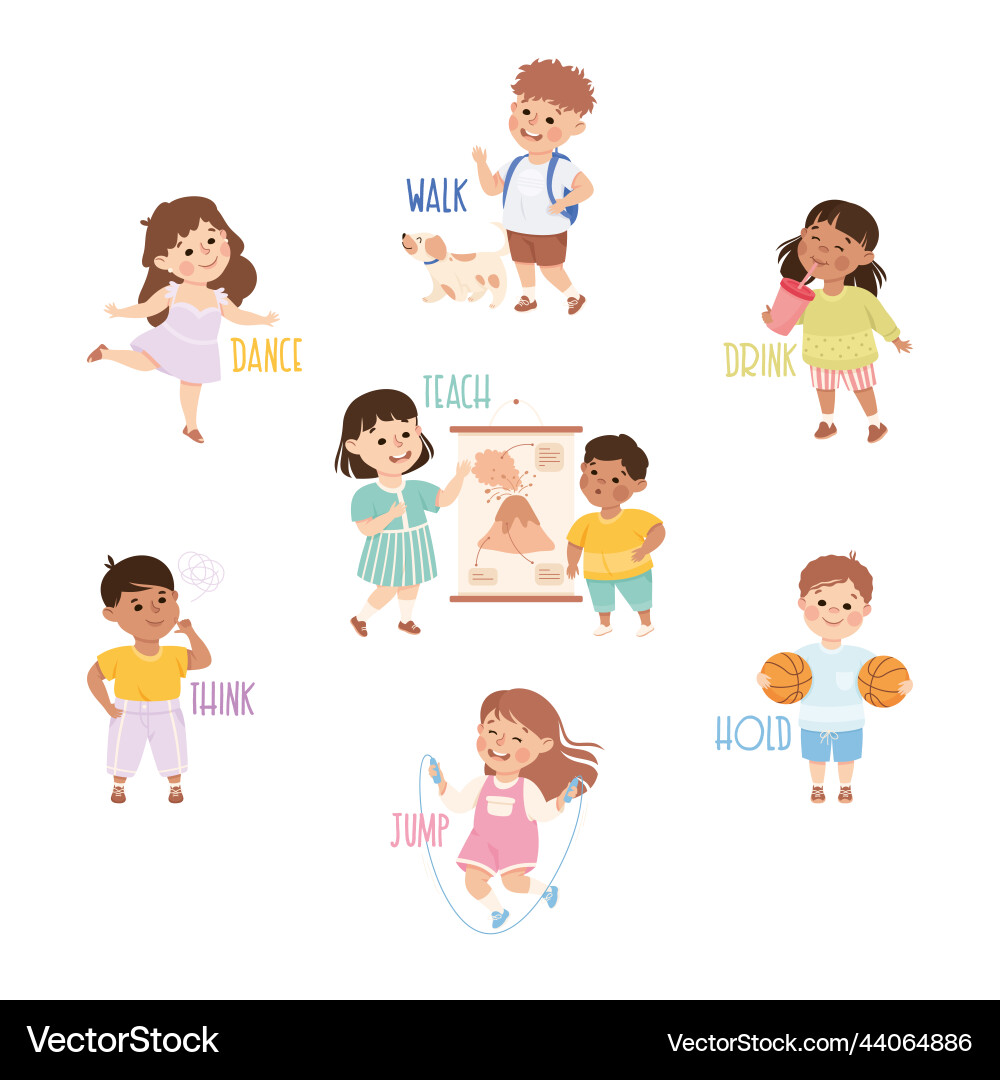 Verbs study with little kids doing different Vector Image