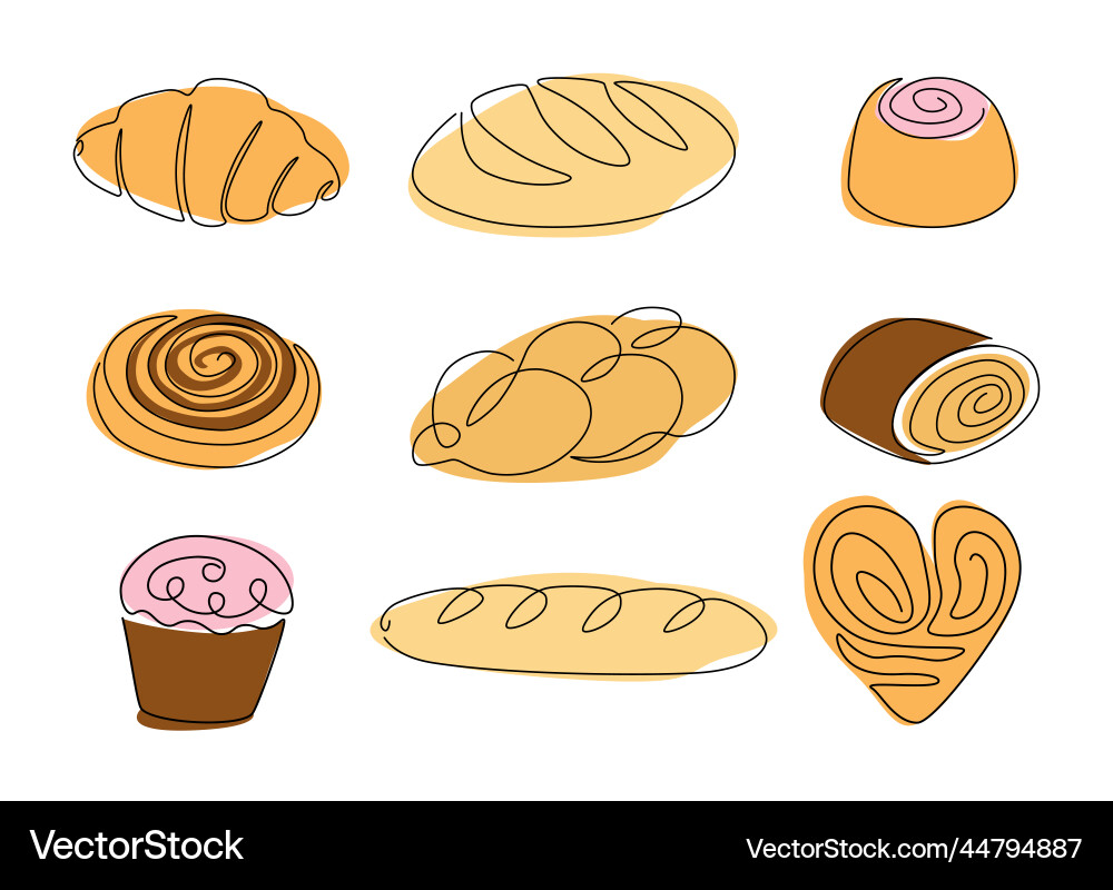 Bakery set one line food simple outline bread Vector Image