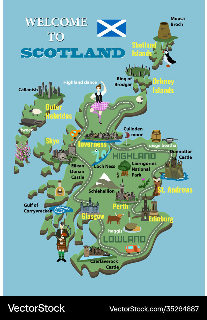 Cartoon map scotland icons with scottish Vector Image