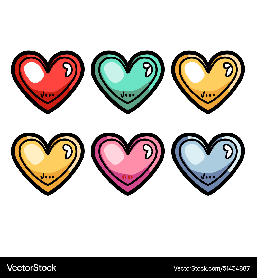 Colorful hearts collection comic cartoon style Vector Image