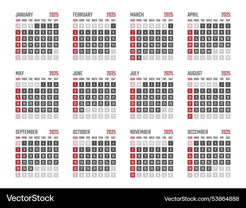 Calendar for 2025 starts sunday Royalty Free Vector Image