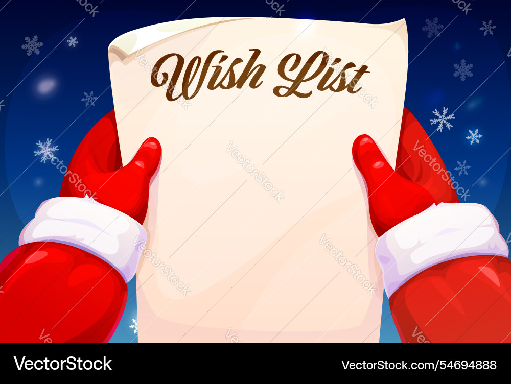 Santa claus hands with christmas wish list paper Vector Image