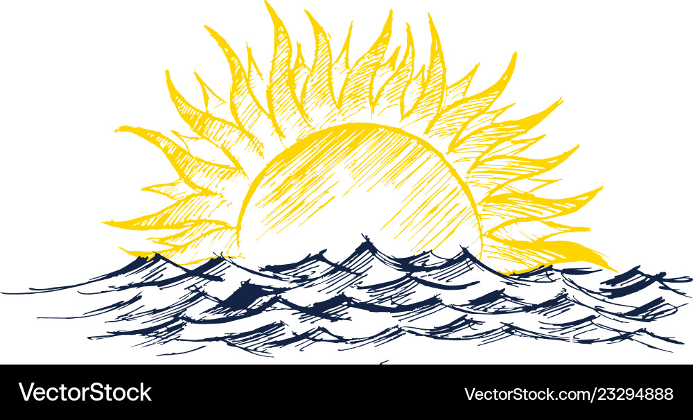 Sun dawn drawing in the sea Royalty Free Vector Image