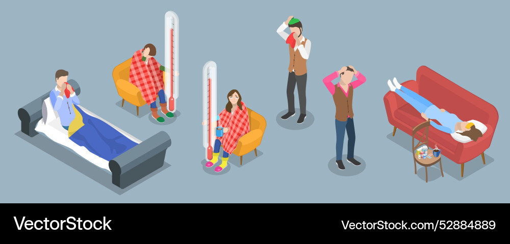 Isometric People Suffering from Flu and Fever Vector Image