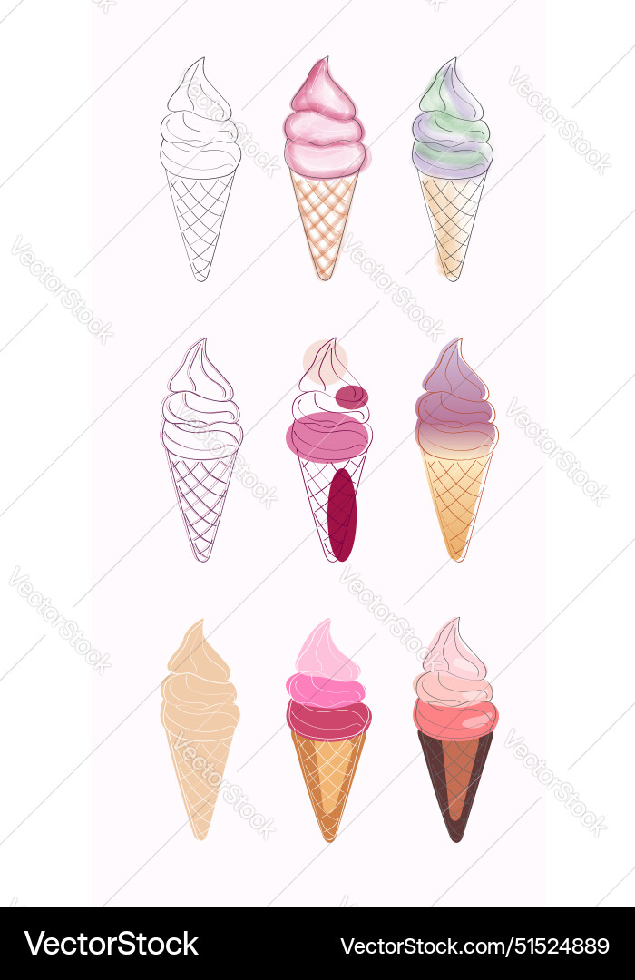 Set of nine hand-drawn ice cream cones Royalty Free Vector