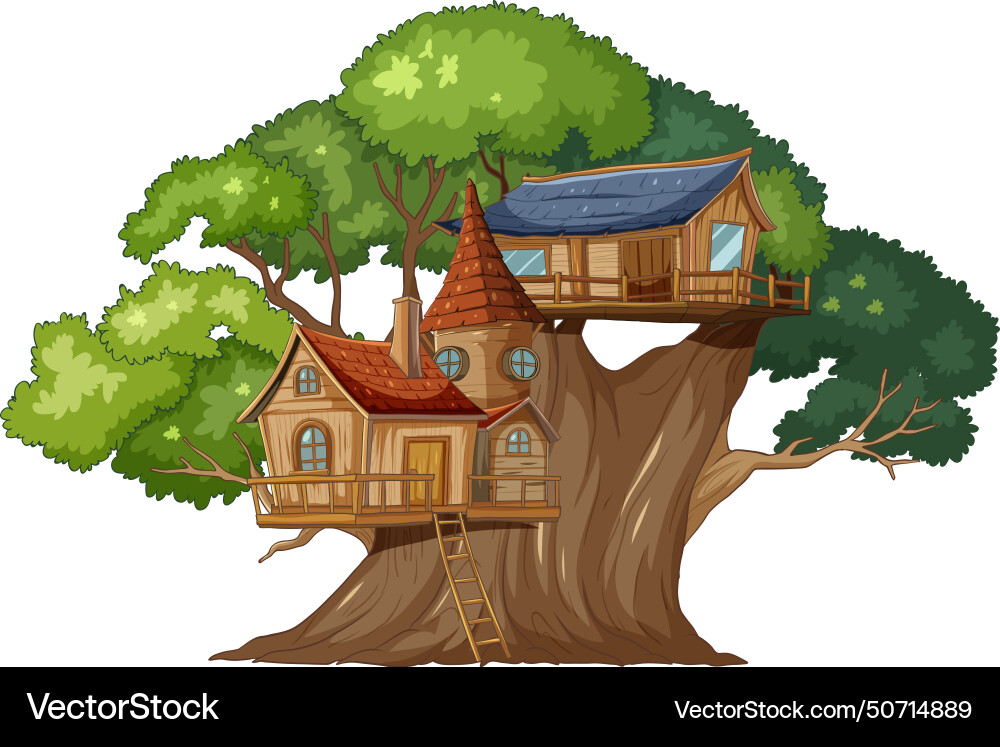 Whimsical treehouse nestled within vibrant green Vector Image