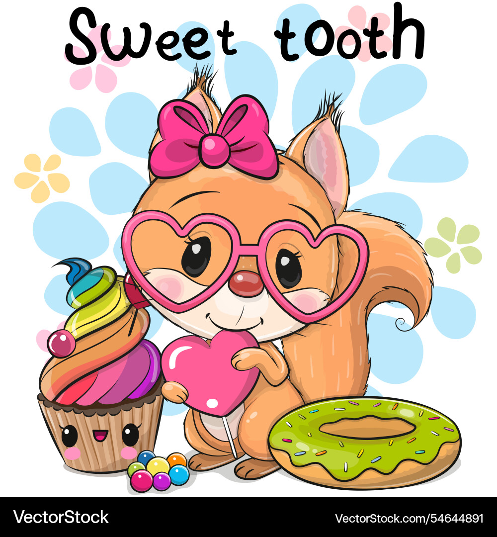 Cartoon squirrel sweet tooth with cupcake and Vector Image