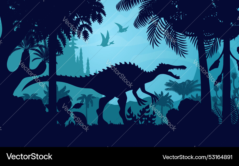 Spinosaurus dinosaur silhouette in mist jungle Vector Image
