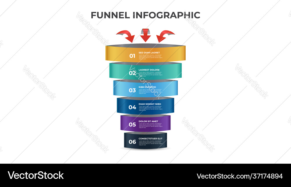 6 points funnel diagram with arrows stages Vector Image