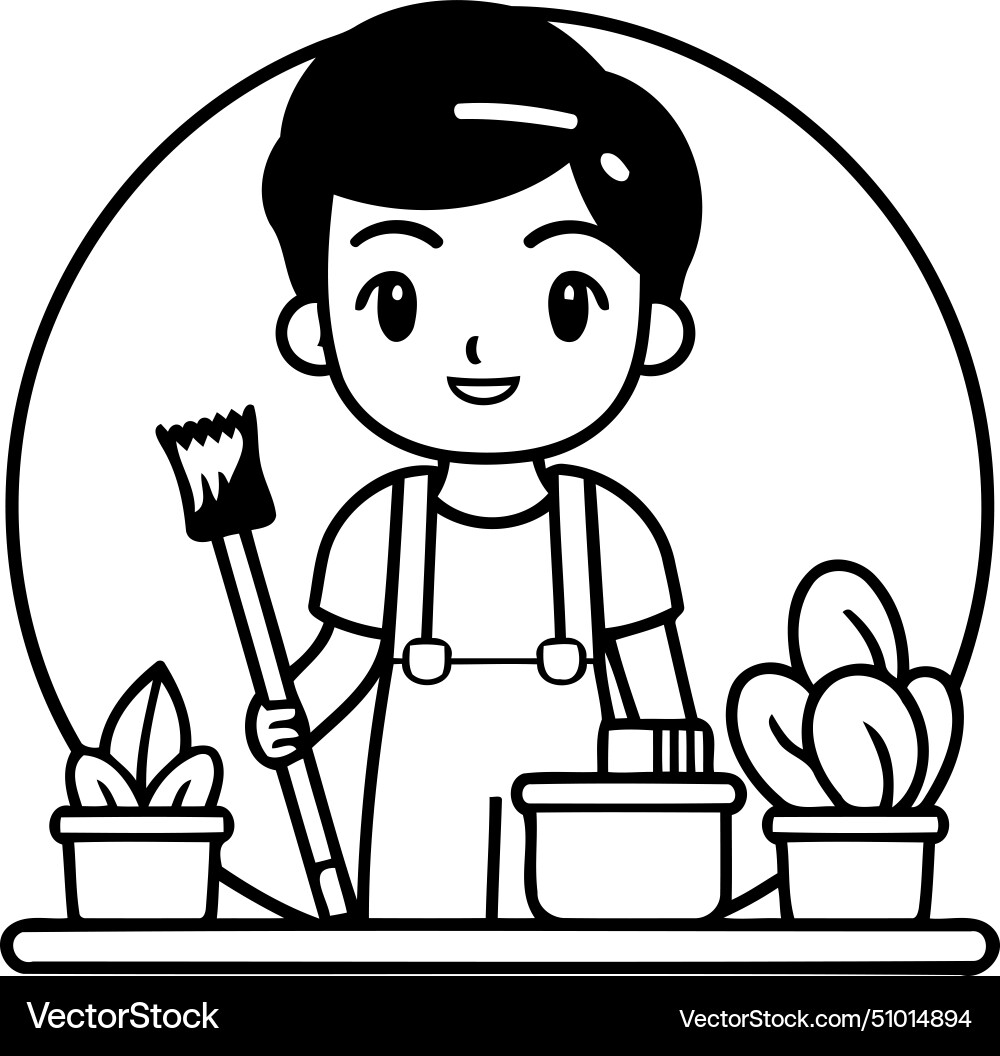Cute boy doing housework in cartoon style Vector Image
